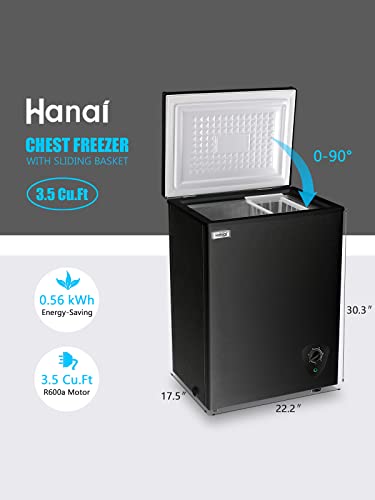Chest Freezers Compact Mini Deep Freezer WANAI 3.5 Cu.Ft Free-standing Top Door Room Dorm Office Garage Freezer with 7 Adjustable Temp Control Removable Basket for Apartment Basement Business Rmovable Storage Basket for Home, Kitchen and Office, Black wit
