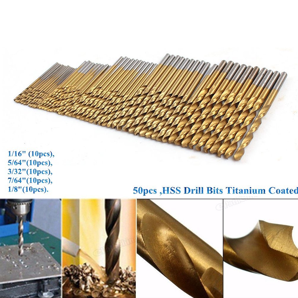 50PCS, 1/16", 5/64", 3/32", 7/64", 1/8", 10pcs for Each,Titanium Twist Drill Bits