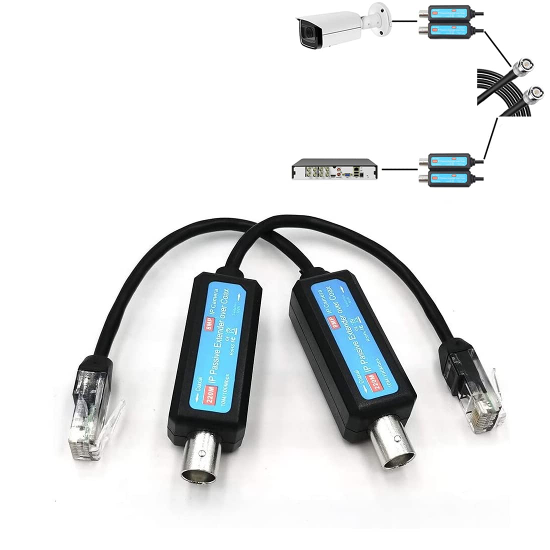 IP Passive Extender Ethernet Over Coax 1-CH, IP Network to Coaxial Transmitter IP Network Converter Fit CCTV Camera UTP RG59/ RJ45 4-Wired 1236 Cable No. BNC Video Balun Only Fit POE Camera System