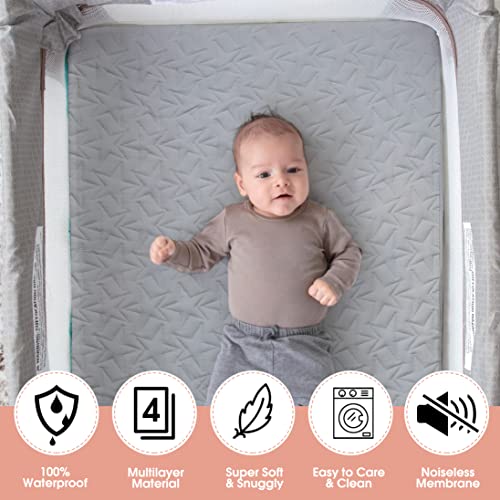 ACRABROS Pack and Play Sheets Fitted-2 Pack Waterproof Pack n Play Sheet,Mini Crib Mattress Pad Protector,Universal Fit Quilted Padded Ultra Soft, Gray & Navy Blue