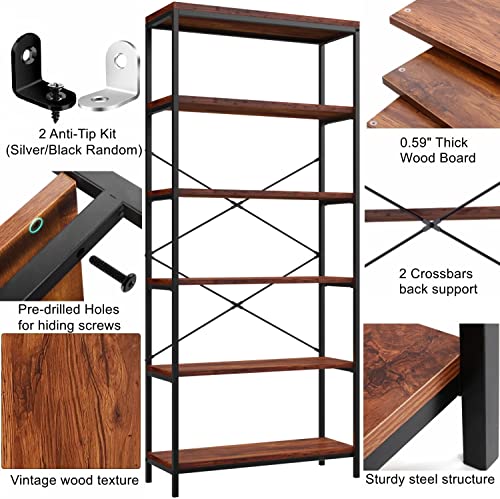 6 Tier Industrial Bookshelf, 71" Tall Open Bookcase, Rustic Wood Organizer Shelves on Metal Frame, Multi-Functional Storage Shelf Rack for Bedroom Living Room Garage Office Basement