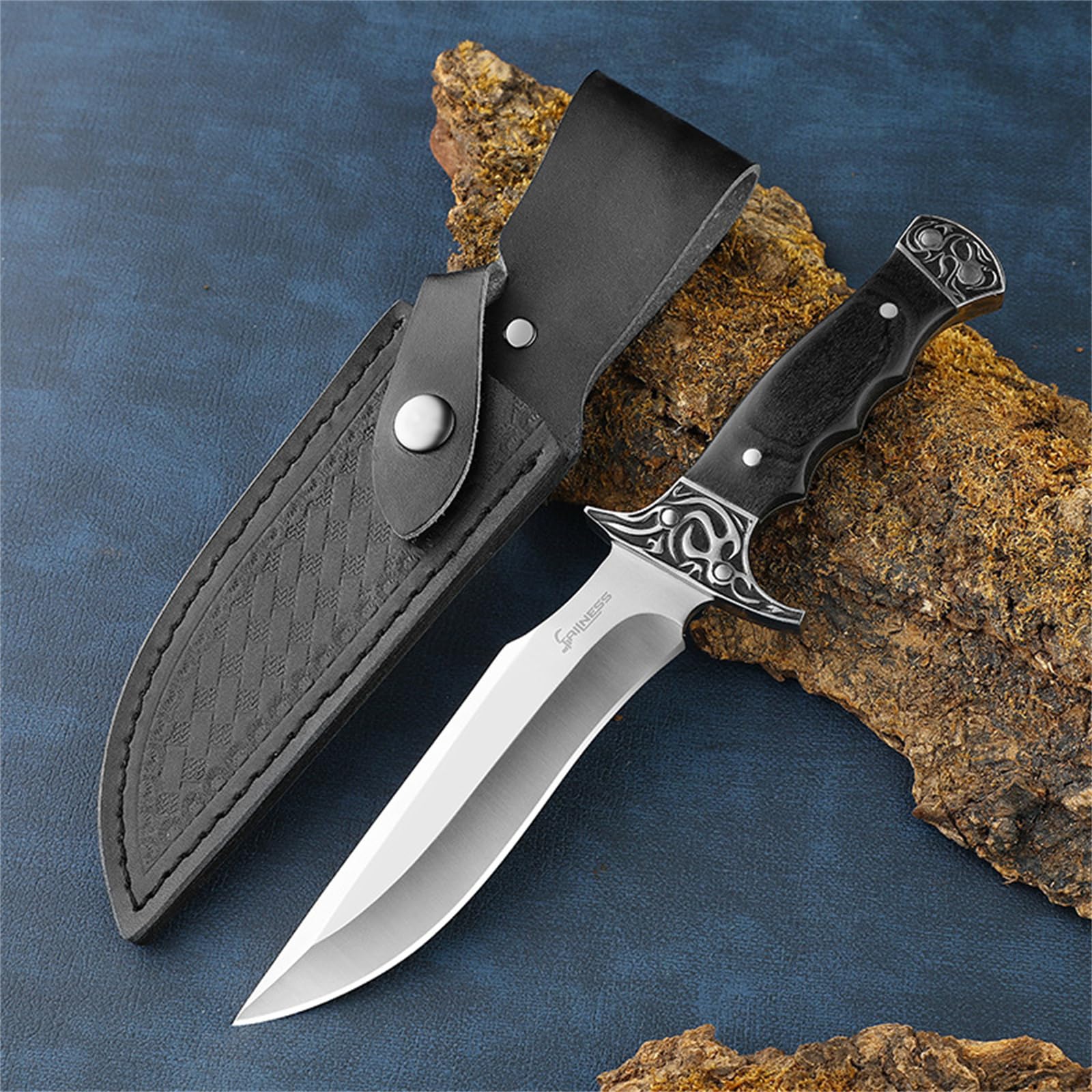 10MOONS 8.78-inch Bowie Knife Full-Tang Fixed Blade, Black-Colored Wood Handle Hunting Knife with Embossed Leather Sheath for Camping, Hiking, Survival