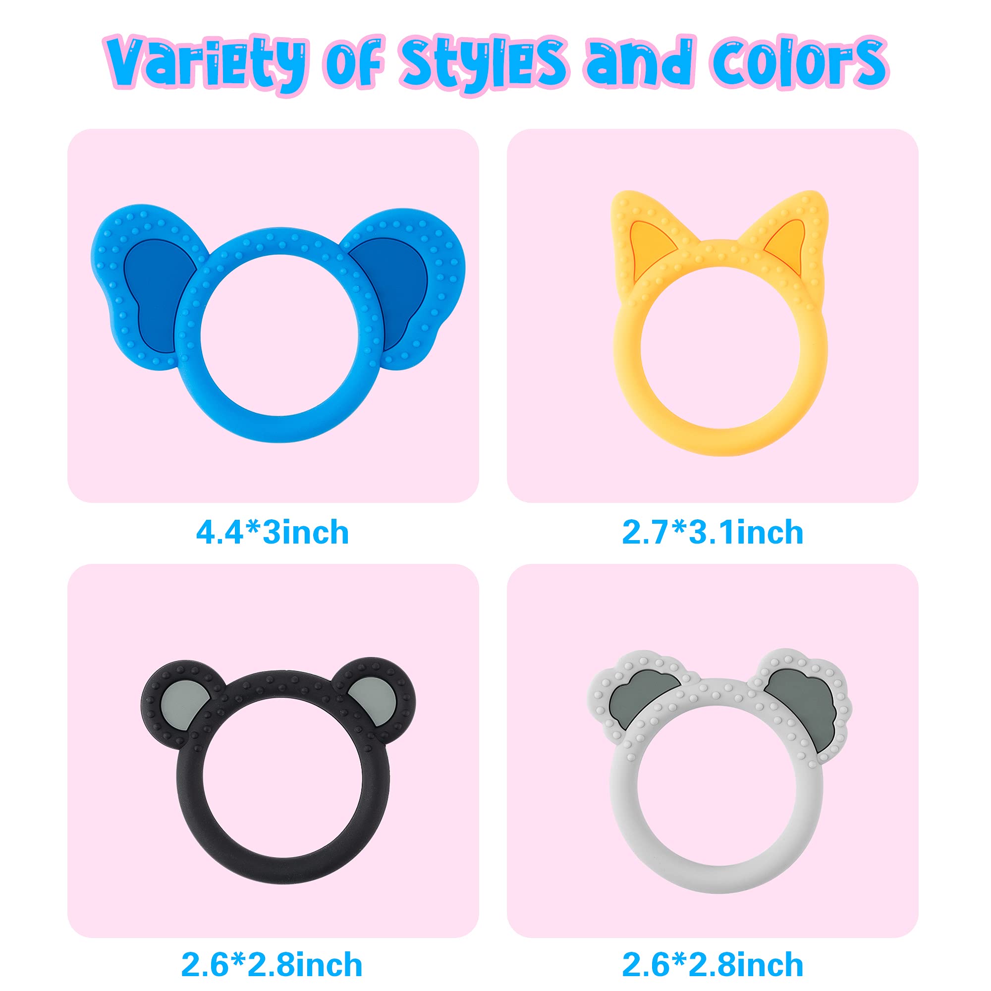 GROBRO7 4Pcs Silicone Baby Teether Toy Elephant Dog Koala Monkey Shape Teeth Relief Toys Infants Teething Chewing Ring Sensory Oral Chew Tools for Newborn Babies Shower Birthday Christmas Gift