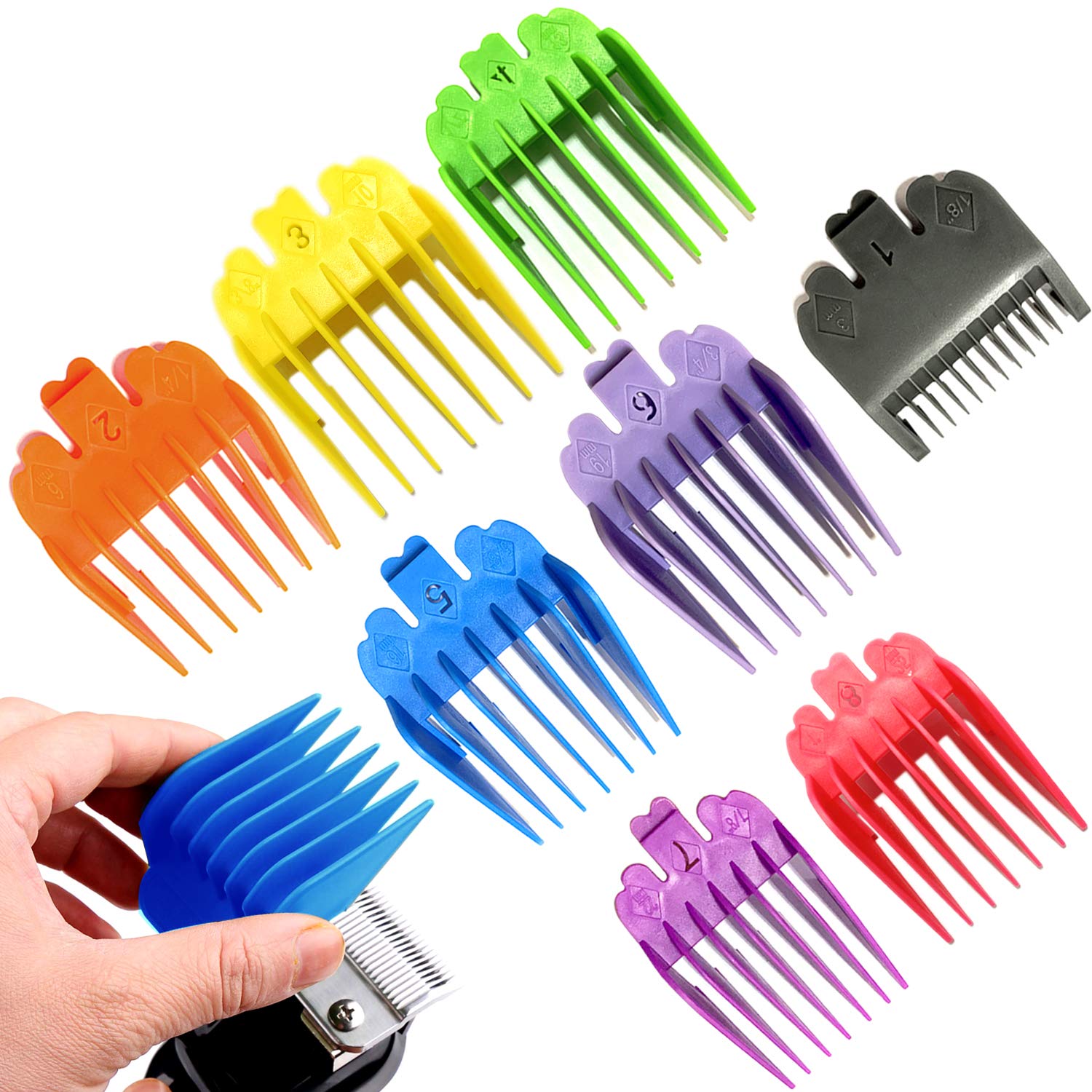 8 Color 8 Length Professional Hair Clipper Guide Combs, Replacement Guards Set, Attachment Guide Combs, Great Fits for All Full-Size Wahl Clippers/Trimmers