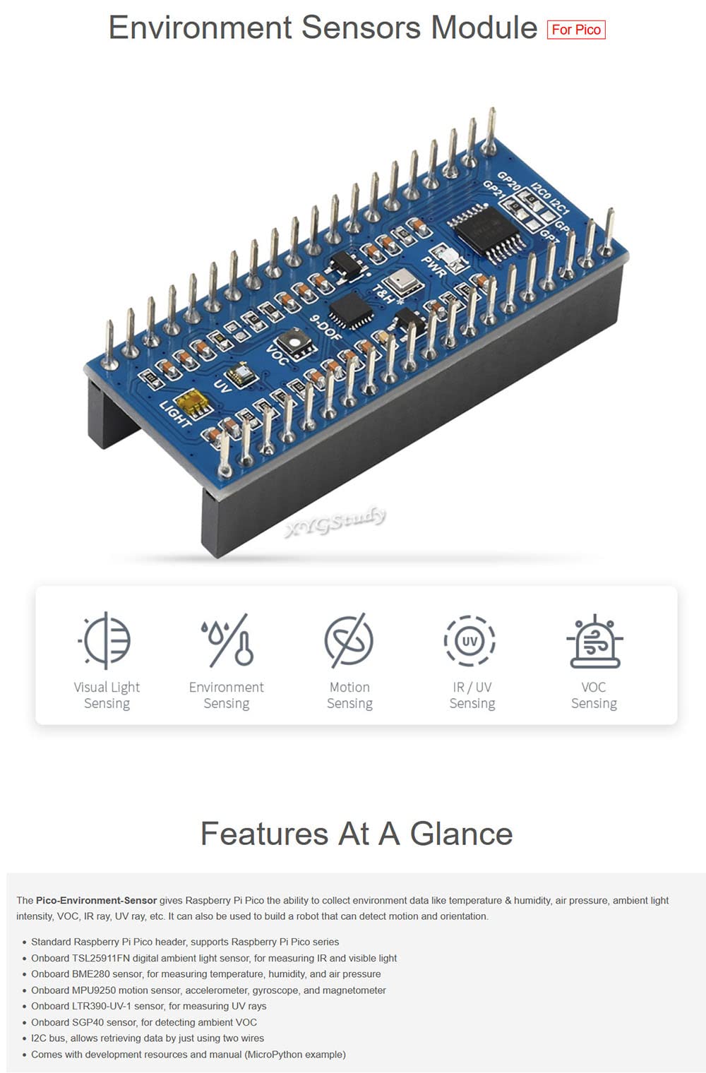 Environment Sensors Module for Raspberry Pi Pico via I2C Bus @XYGStudy (Pico-Environment-Sensor)