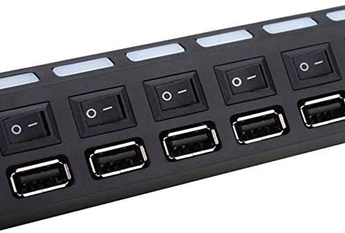 7-Port USB 2.0 Hub High Speed Power Cable with Blue LED Light Indicator ON/Off Sharing Switch Adapter for PC Laptop (Black)