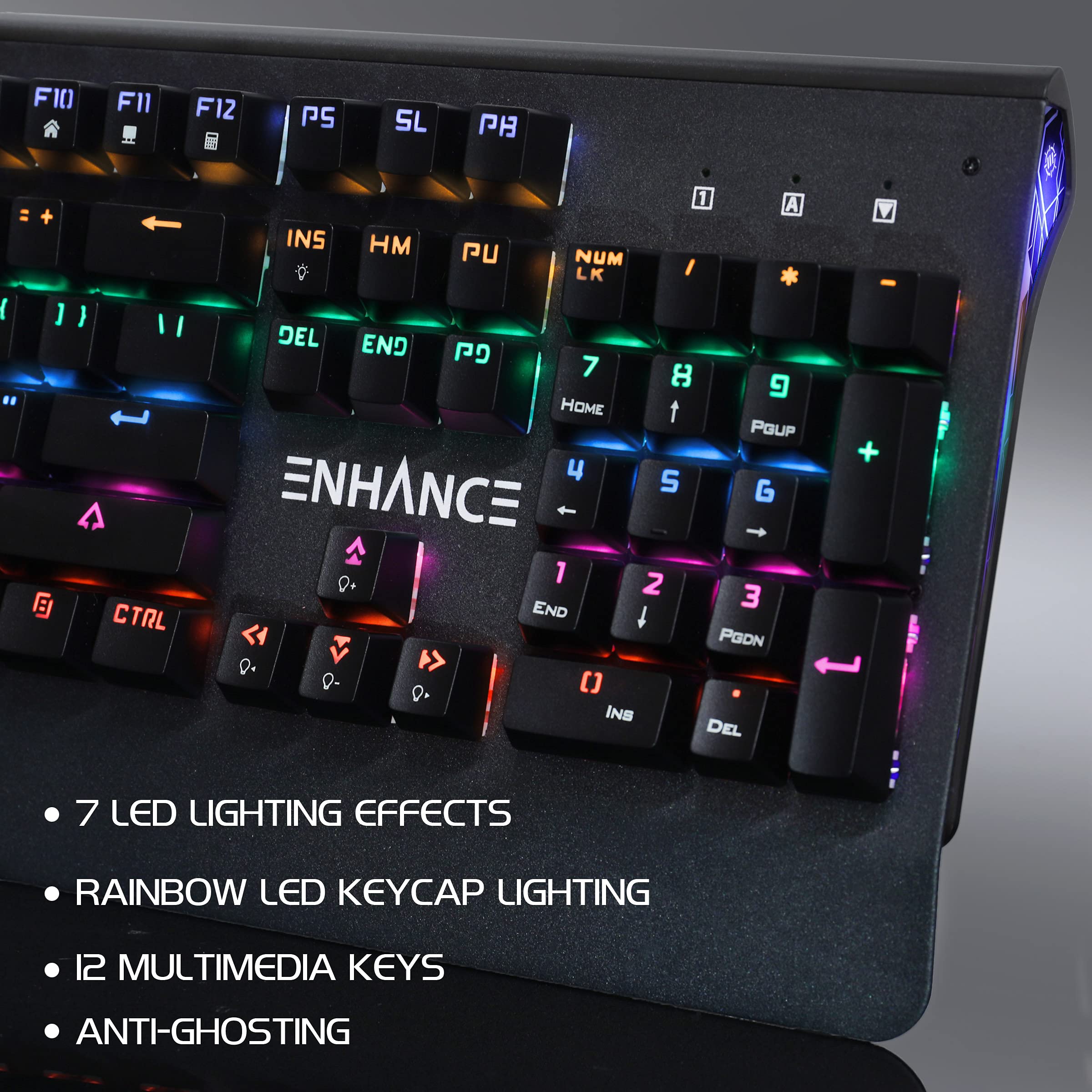 ENHANCE Pathogen 2 Blue Switch Mechanical Keyboard - Mechanical Gaming Keyboard with Fast 1ms Response Polling Rate with Integrated Wrist Rest, 26KRO & Anti-Ghosting, 7 LED Lighting Effects