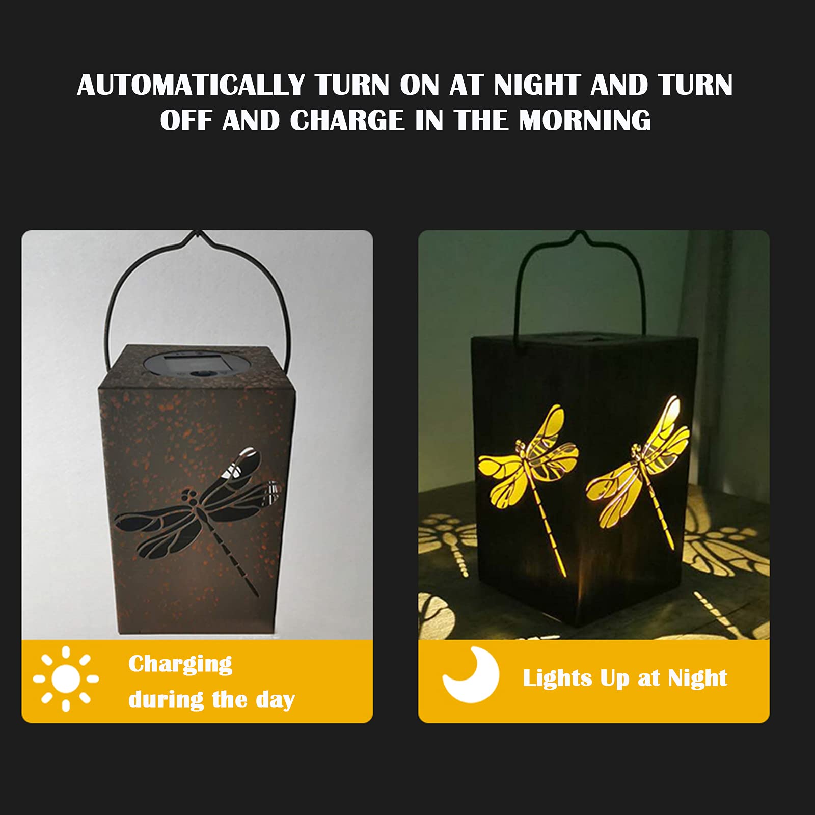 2 Pack Solar Lantern, Outdoor Hollow Dragonfly Hanging Lamp Garden Iron Lawn Projection Lamp, Waterproof Led Flashing Flameless Candlestick Task Lamp, Used for Porch Courtyard Lawn Passage