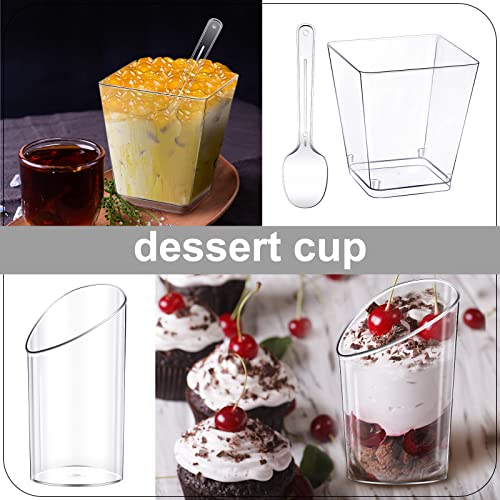 300 Pack Mini Dessert Cups with Spoons Clear Plastic Parfait Appetizer Cup Slanted Round Cup for Desserts Heart Square Clear Parfait Cups for Tasting Party Shooters Desserts (Round, Square, 3oz, 5oz)