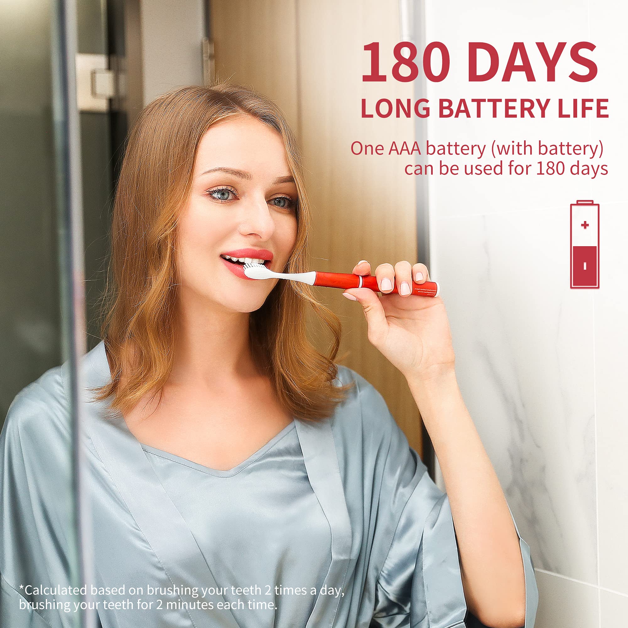 Flexforce AAA Battery Powered Sonic Toothbrush, 2 Replaceable Toothbrush Heads, Metal Aluminum Toothbrush Handle, for Kids and Adults, 2 Minute Timer, V1 Electric Toothbrush, Red