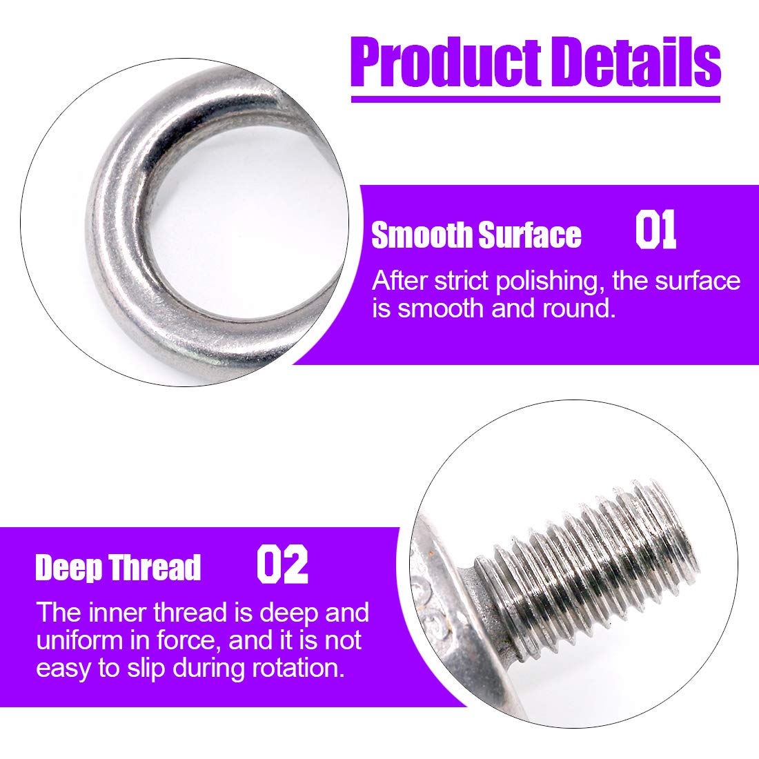 36Pcs 304 Stainless Steel M8 Male Thread Lifting Ring Eye Bolt Kit, Including 6Pcs M8 Eye Bolt with 10Pcs Lock Nuts, 10Pcs Lock Washers and 10Pcs Flat Washers