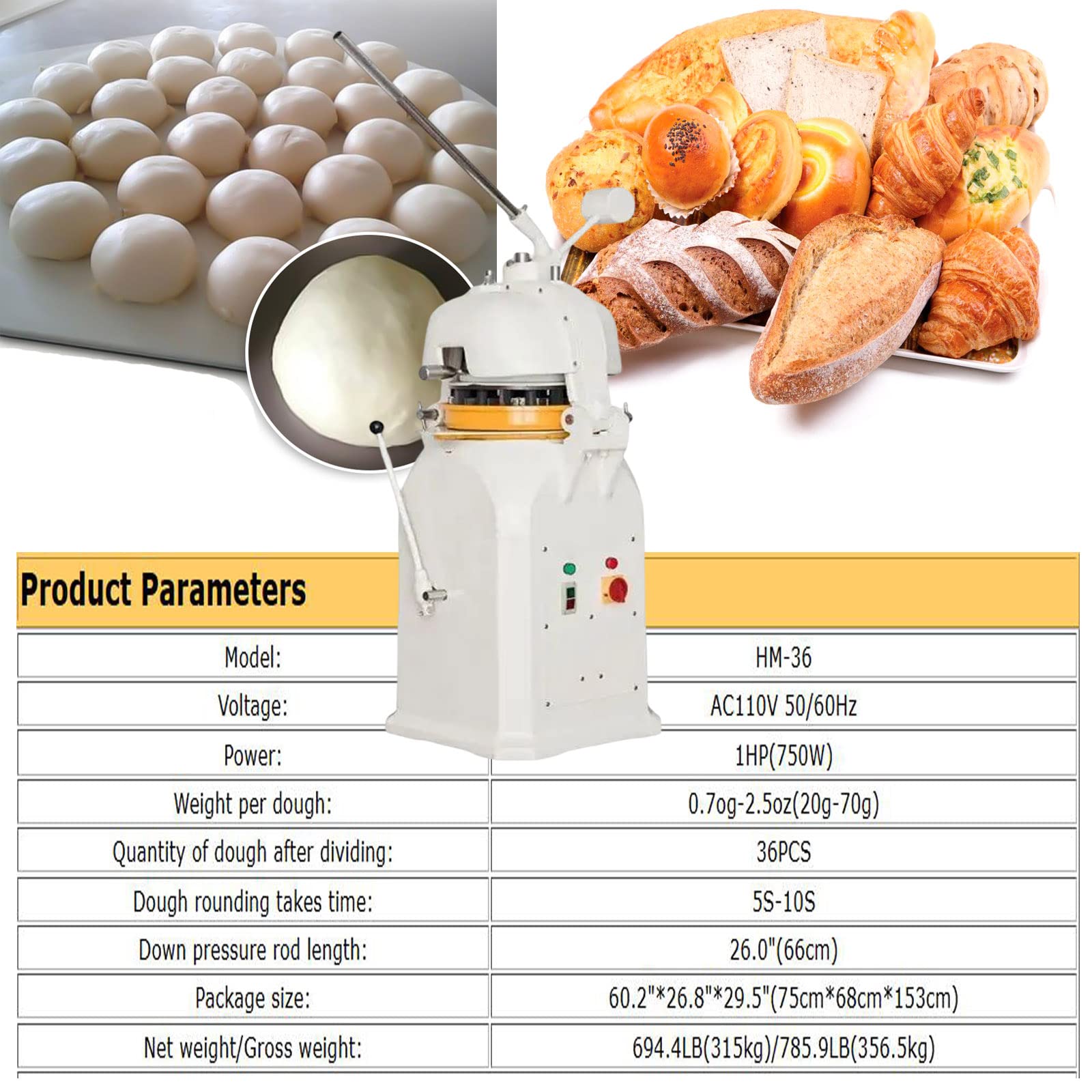 EQCOTWEA Dough Divider Rounder Machine 36Pcs Pastry Dough Dividing Rounding Machine Dough Portioning Rounder Bread Semi-Automatic Dough Separator Splitter Roller Dough Ball Maker Shaper 20g-70g 110V