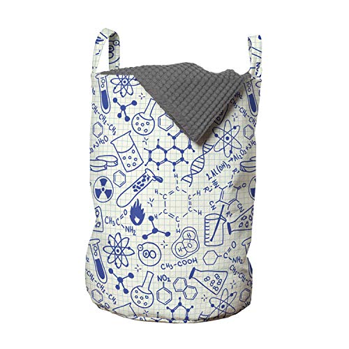 Ambesonne Cartoon Laundry Bag, Science Chemistry Geometry Math Nerd Geek and Genius Themed Design Art, Hamper Basket with Handles Drawstring Closure for Laundromats, 13" x 19", Blue and Ivory