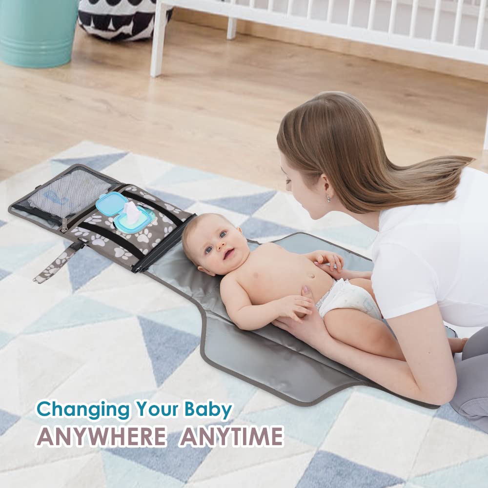 Portable Baby Diaper Changing Pad, hogardeck Waterproof Travel Changing Table Pad for Newborn, Extended Cushioned Changing Mat with Head Pillow and Baby Stuff Pockets, Baby Shower Gifts
