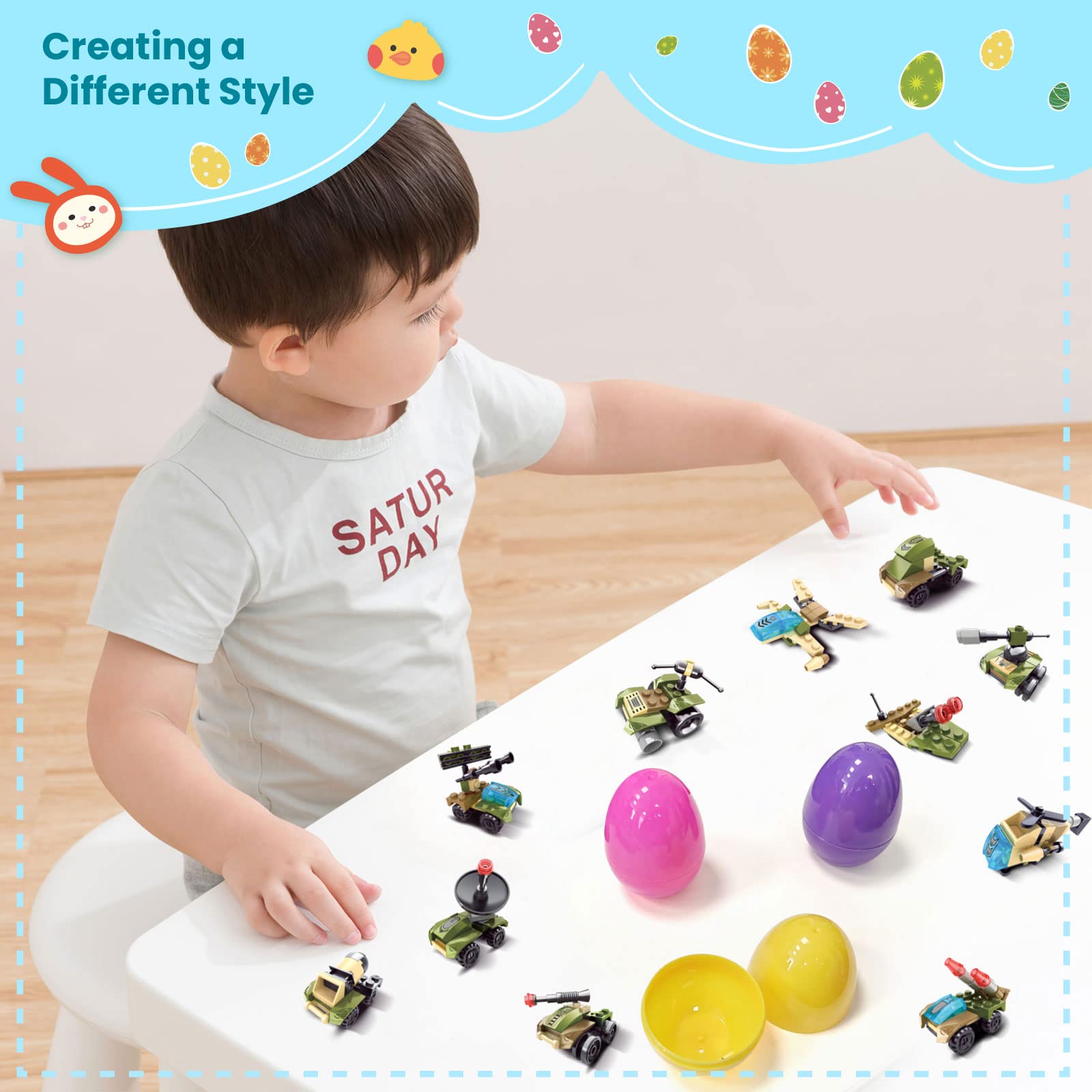12 Pack Easter Eggs Prefilled with Vehicle Building Blocks, Military Buidling Toys for Easter Eggs Hunt, Easter Party Favors for Kids, Easter Basket Stuffers, Easter Gift Classroom Prizes