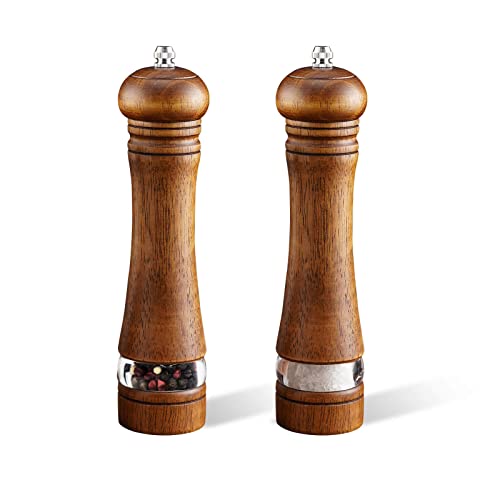 2-Piece Salt and Pepper Grinder Set, 8 Inch Wooden Salt and Pepper Mills with Adjustable Coarseness, Refillable Manual Pepper Mill Grinder for Home Cooks (Brown)
