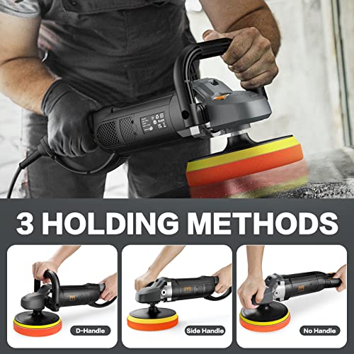 1500W Buffer Polisher, 180mm Rotary Car Polisher Machine Polishing Waxer Kit for Car Detailing with 6-Level Speed,D & Side Handle,4 Foam Pads, 2 Carbon Brushes and 10 Sandpapers