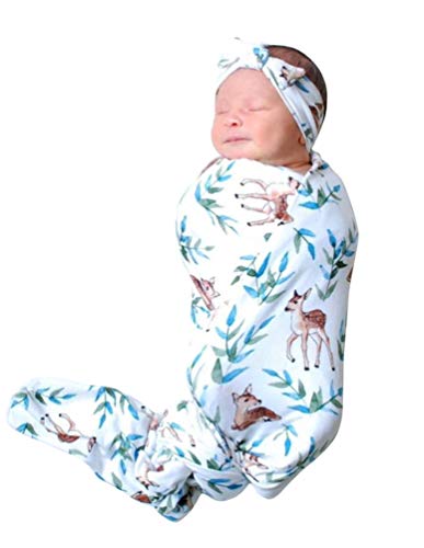 Newborn Girls Receiving Blanket Headband Set Flower Baby Swaddle Blankets Infant Warm … (0-6 Months, Deer)