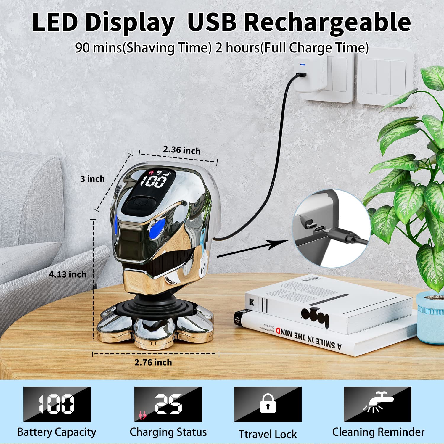 7D Electric Head Shaver for Bald Men, 5 in 1 Electric Rotary Razor Wet and Dry, Grooming Cordless Electric Shavers USB Rechargeable Waterproof, 7D Floating Balding Trimmer with LED Display (Black)