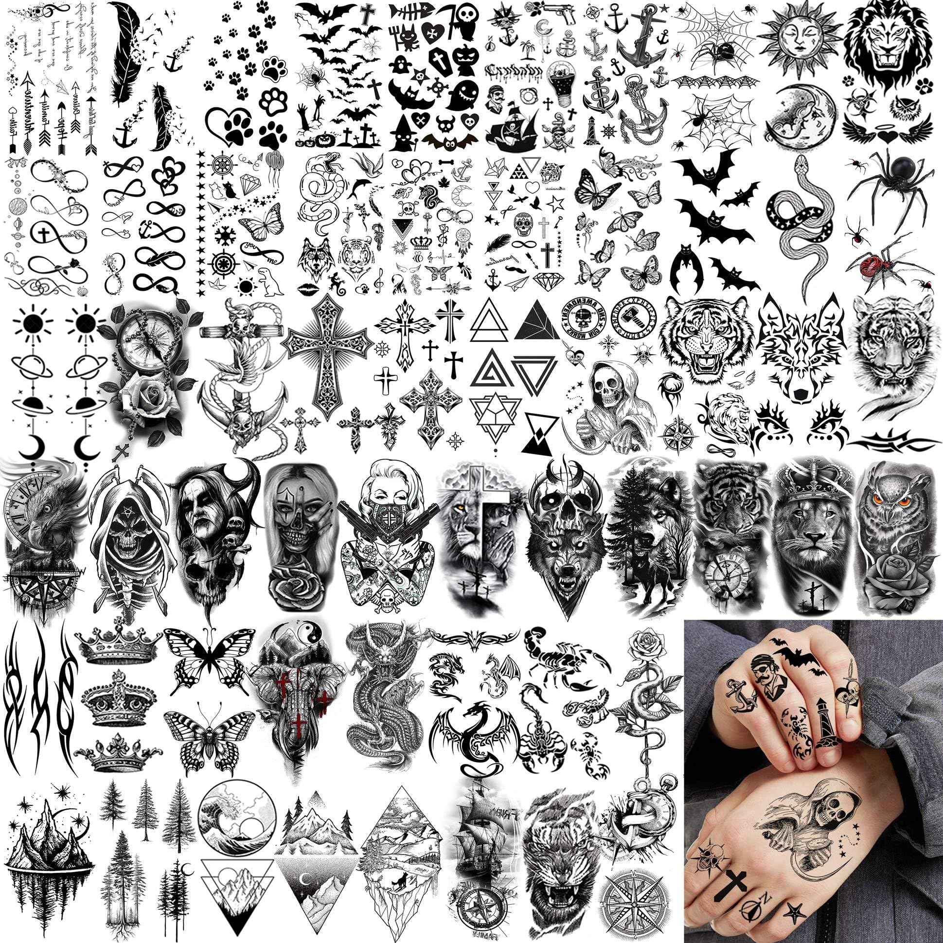 67 Sheets 3D Black Tribal Realistic Temporary Tattoos for Men Women Adults - Tiger Lion Gladiator Temp Skull Fake Half Arm Sleeve Tattoos Sticker