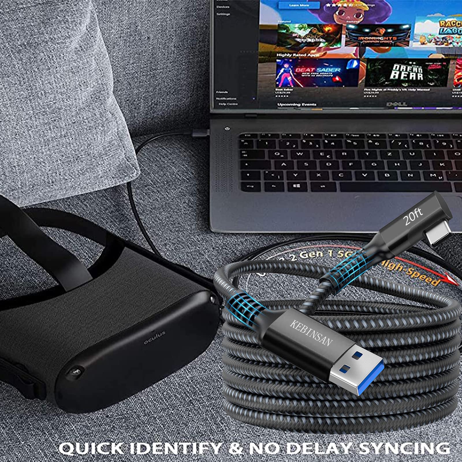 20FT Oculus Quest 2 Link VR/Virtual Reality Headset Cable for PC Gaming,USB 3.2 Gen1 5Gbps Type C to USB Type A ,High Speed Data Transfer & Fast Charger for Quest 2 and Quest