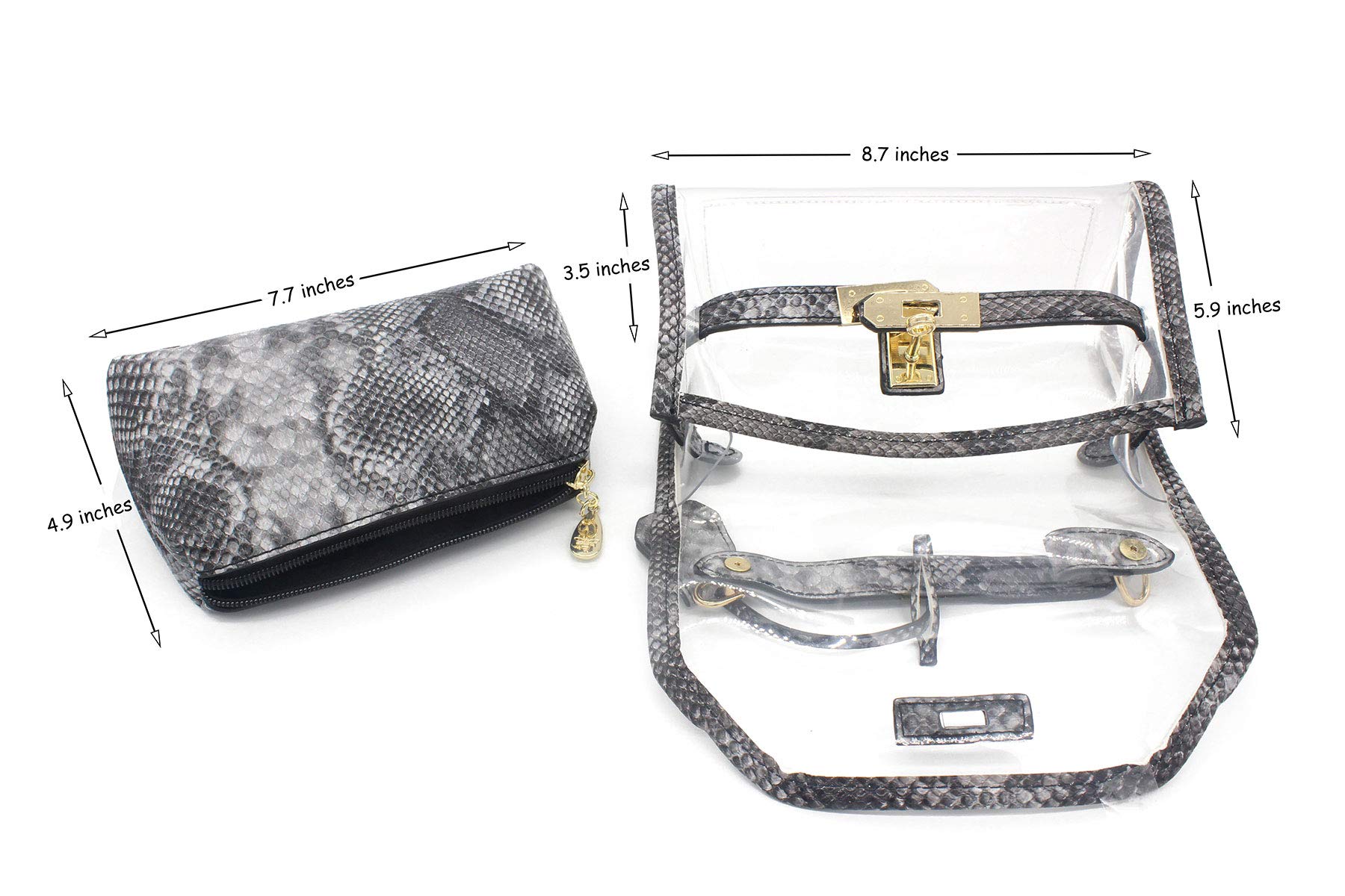 2-in-1 Snake Print Handbag Clear Stadium Shoulder Bag with Conceal Clutch Tote Bag Crossbody Purse