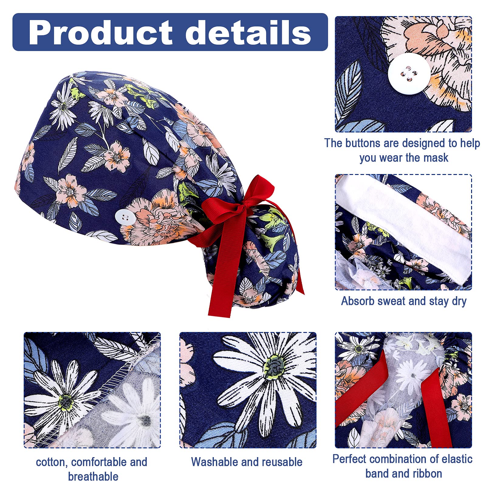 8 Pieces Scrub Caps with Buttons Bouffant Hats with Sweatband Adjustable Ponytail Holder for Women (Classic Pattern)