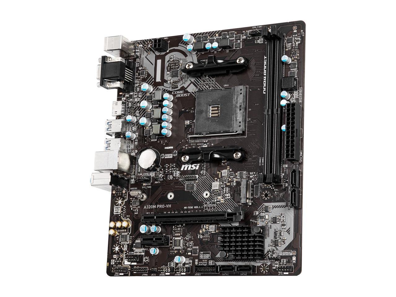 MSI A320M PRO-VH ProSeries Motherboard (AMD AM4, DDR4, PCIe 3.0, SATA 6Gb/s, USB 3.2 Gen 2, M.2 Slot, DVI/HDMI, Micro-ATX)