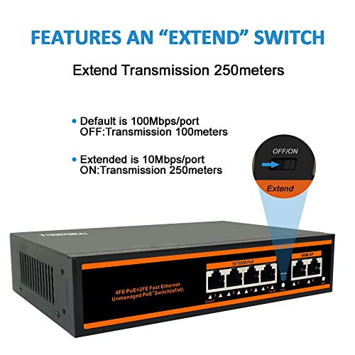 6 Port PoE Switch (4 * 100Mbps PoE Port+2 * 100Mbps Uplink Port),78W,802.3af/at,VLAN,Metal Fanless,Unmanaged Plug and Play
