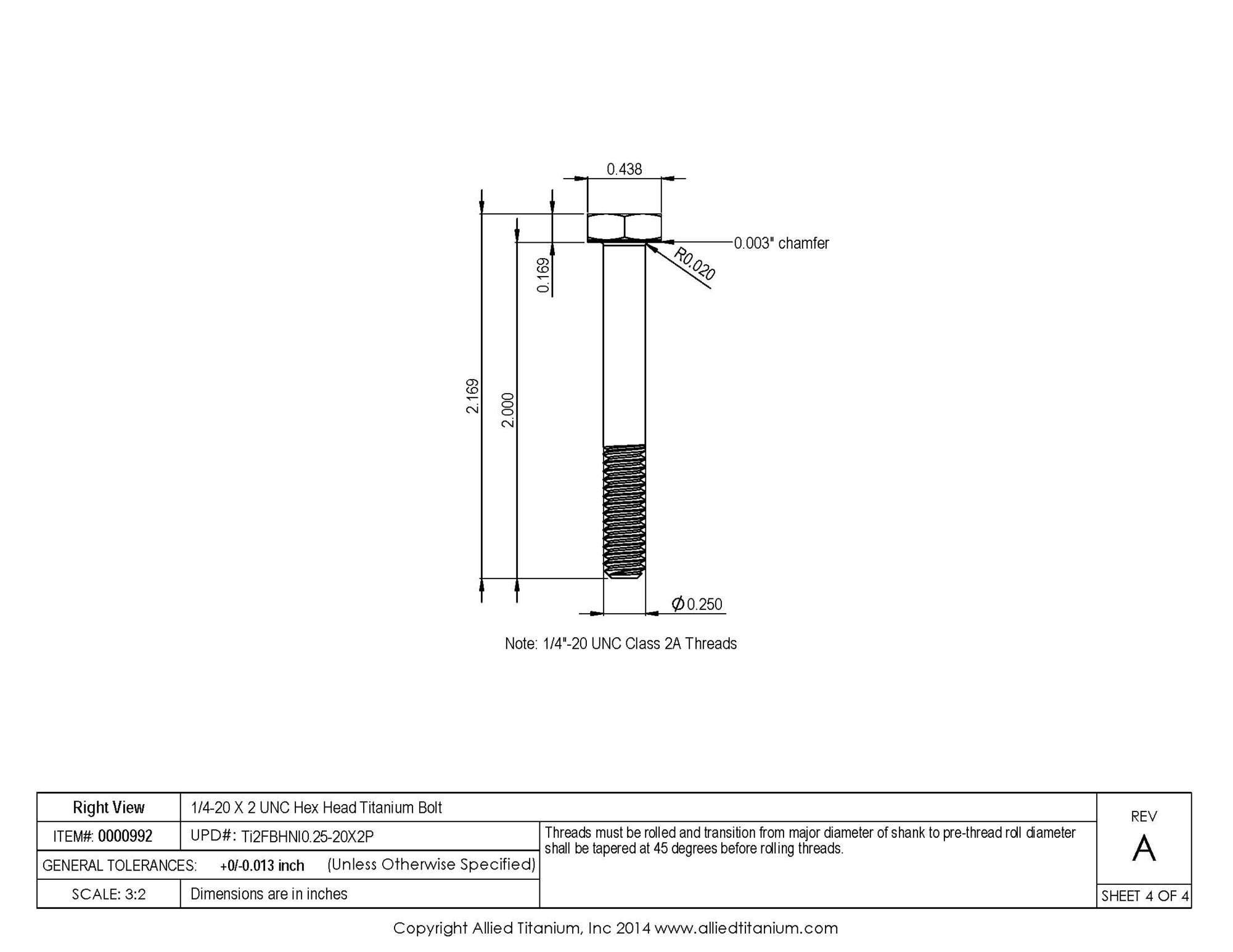 Allied Titanium 0000992, (Pack of 6) 1/4-20 X 2 UNC Titanium Hex Head Bolt, Grade 2 (CP)