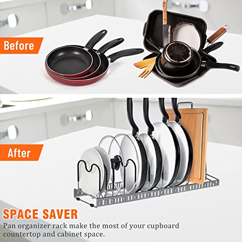 AHNR Expandable Pot and Pan Organizers Rack, 10+ Pans and Pots Lid Organizer Rack Holder, Kitchen Cabinet Pantry Bakeware Organizer Rack Holder with 10 Adjustable Compartments (Grey)