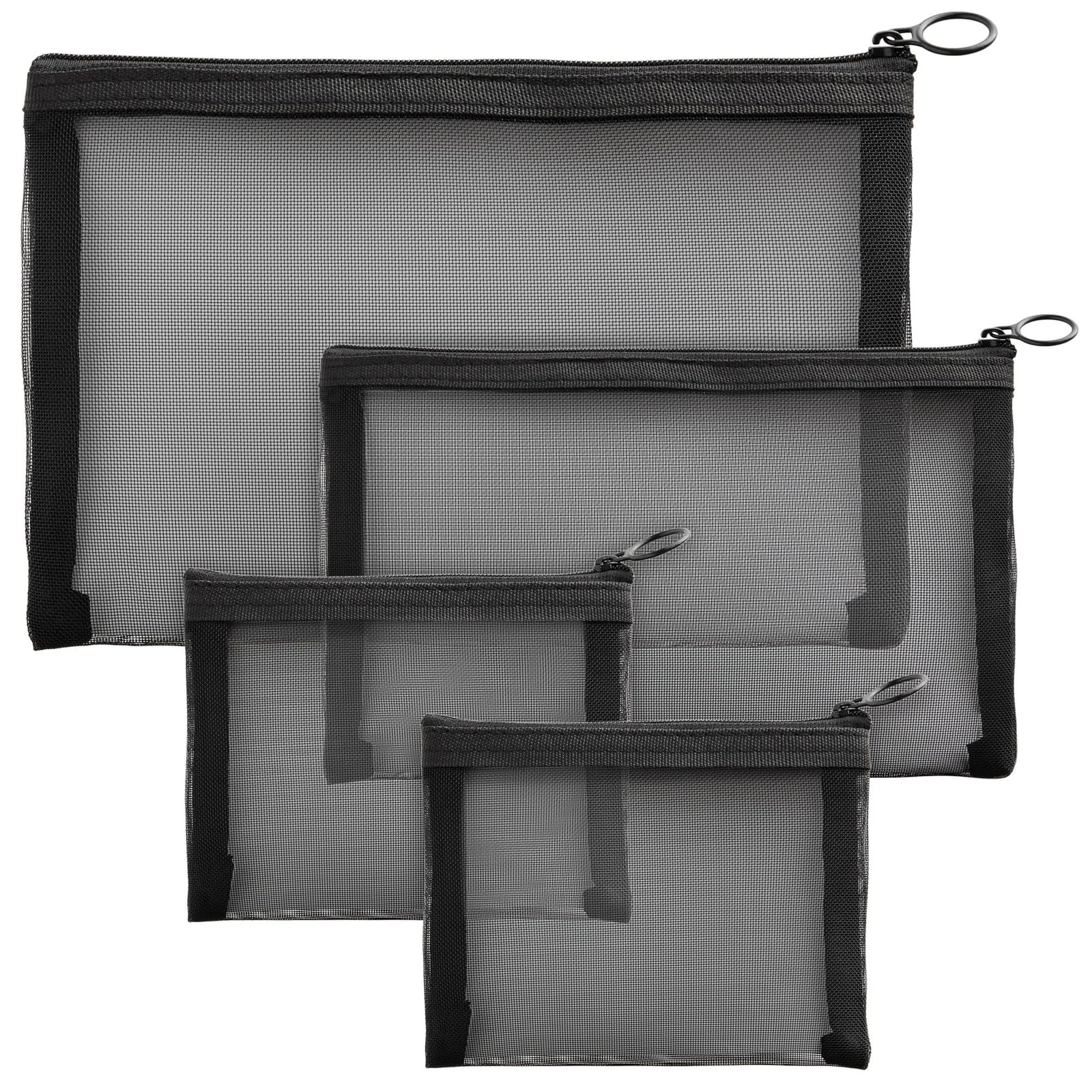 Glamlily Mesh Makeup Bag Set of 4, Travel Zipper Pouch for Cosmetics (Black, 3 Sizes)