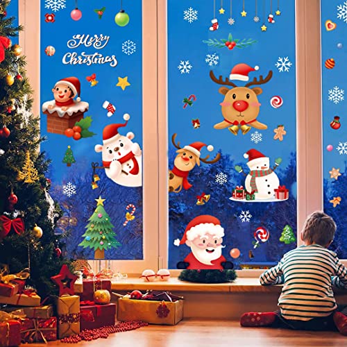242 Pieces Christmas Window Clings for Glass Windows, 9 Sheets Christmas Window Stickers, Snowflake Window Clings Christmas Decorations, Double-Side Xmas Deer Santa Decor Decals for Party