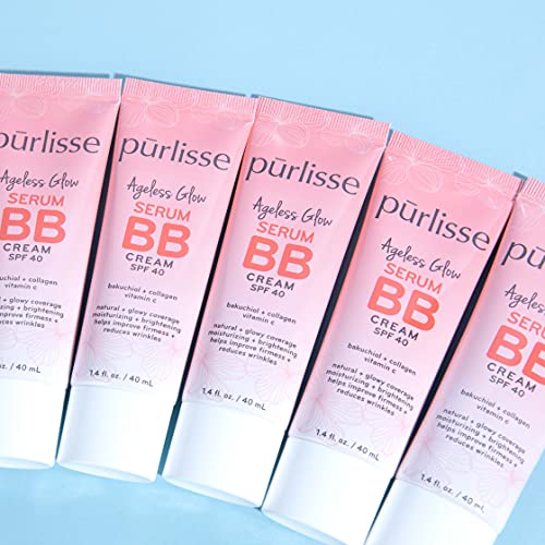 purlisse Ageless Glow Serum BB Cream SPF 40 : Clean & Cruelty-Free, Full & Flawless Coverage, Hydrates with Collagen | Light 1.4oz