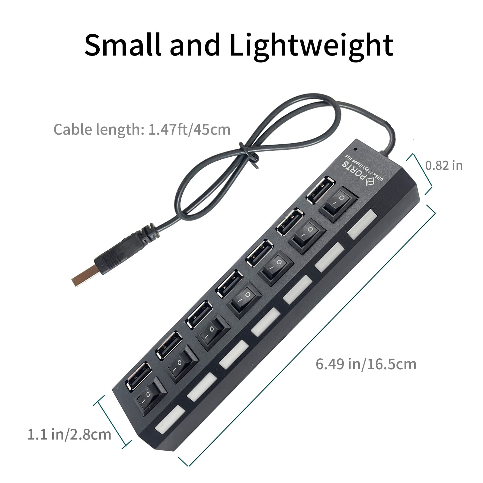 7-Port USB Hub 2.0, USB Hub USB Splitter with Individual Switches for Laptop, Computer, Keyboard and Mouse, USB Devices (Black)