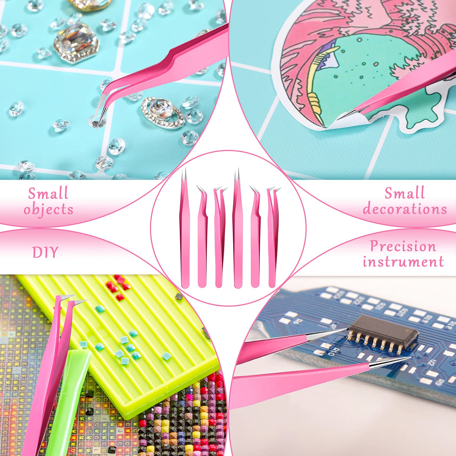 6-Pack Eyelash Extension Tweezers, Stainless Steel Straight Curved Tip Tweezers Single Eyelash False Eyelash Application Tools(Pink)