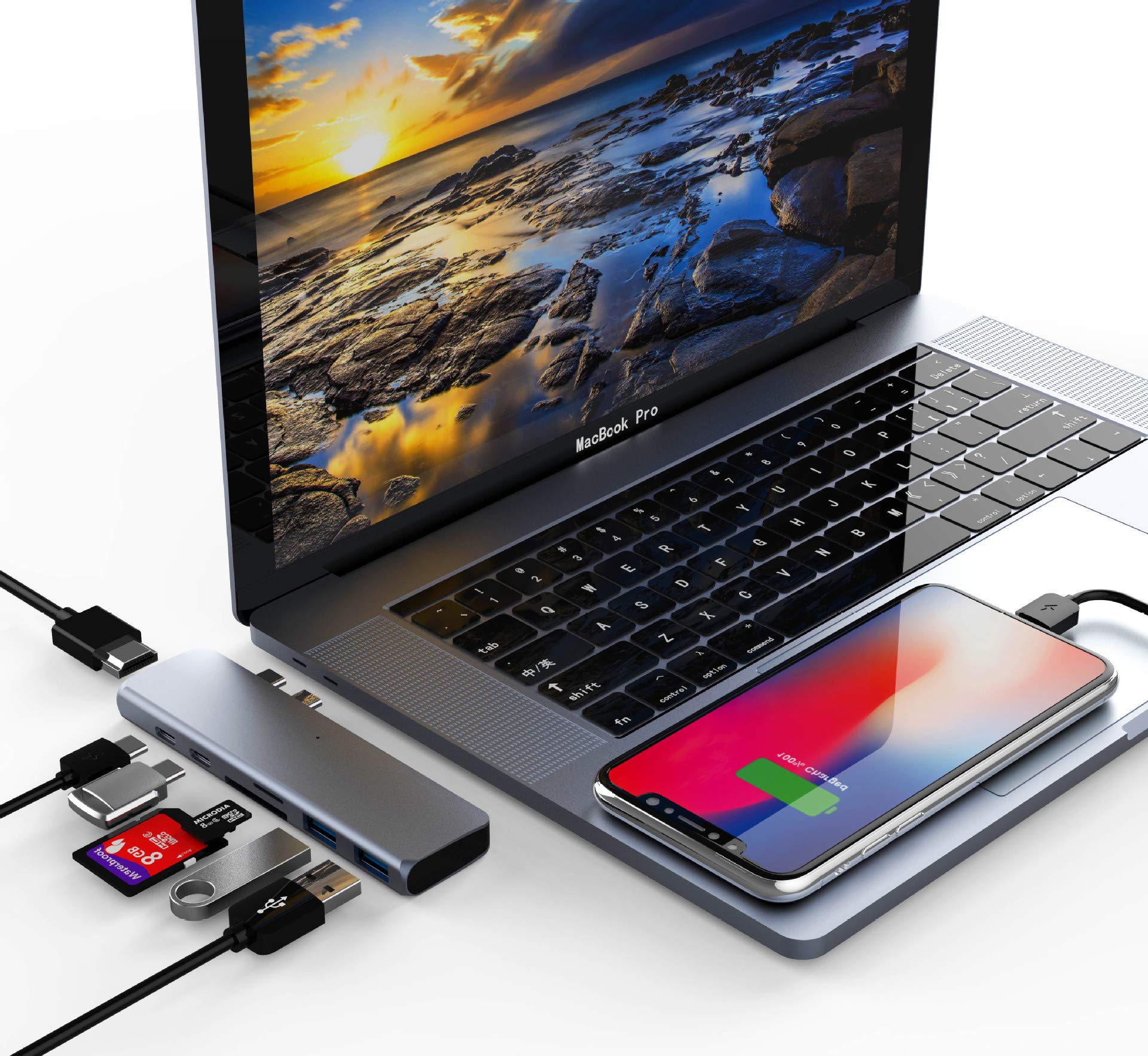 7 in1 Dual USB C Hub USB 3.1 Adapter Dock SD Card Reader 4K HDMI For MacBook Pro Grey