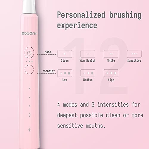 ObeOral Sonic Electric Toothbrush, 12 Modes Rechargeable Tooth Brush with 4 Dupont Bristles, Smart Timer, Whitening Electric Toothbrushes for Adults and Kids 8+, Light Pink