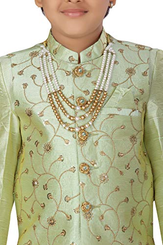 AHHAAAA Kids Ethnic Banarasi Silk Waistcoat Kurta Pajama Set for Boys Green