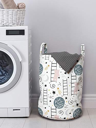 Ambesonne Scandinavian Laundry Bag, Style Cartoon Scene with Bear and Stars Love You to The Moon Words, Hamper Basket with Handles Drawstring Closure for Laundromats, 13" x 19", Multicolor