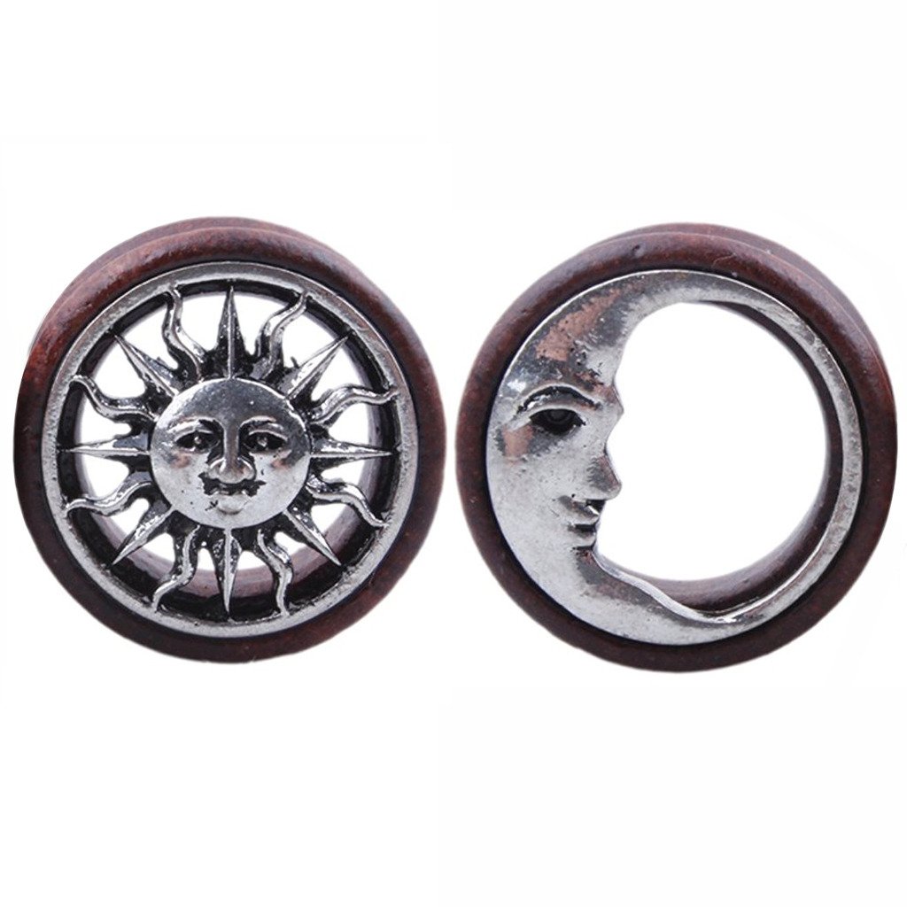 1/2" 12mm Tribal Sun & Moon Organic Wood Flesh Tunnel Double Flared Ear Gauge Stretcher Saddle Plug