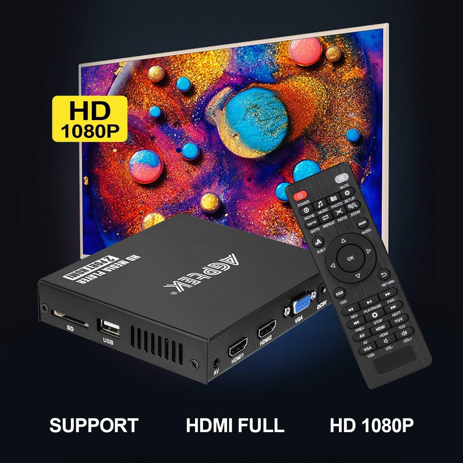 1080P Media Player with Dual HDMI Outpus and 32GB USB Drive, Portable MP4 Player for Video/Photo/Music Support USB Drive/SD Cards/HDD - HDMI/AV/VGA Output
