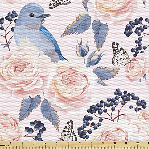 Ambesonne Vintage Fabric Material by The Yard, Pastel Peony Flowers and a Little Bird Butterflies Decor, Cloth for DIY Upholstery Furniture Cushion Cover and Decorative Home Accents, 1 Yard, Pink Blue