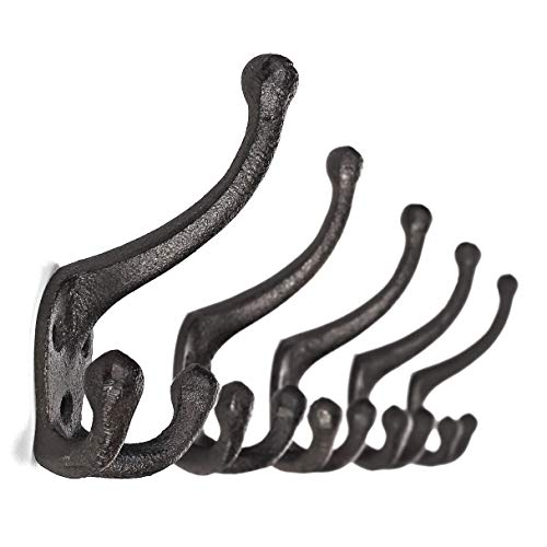Ambipolar 5-Pack TriLeg Coat Hooks. Wall Mounted, Heavy Duty Decorative Black Wall Hooks for Mudroom, Hat Rack, Purse Hooks. Cast Iron Decorative Antique Black Hooks