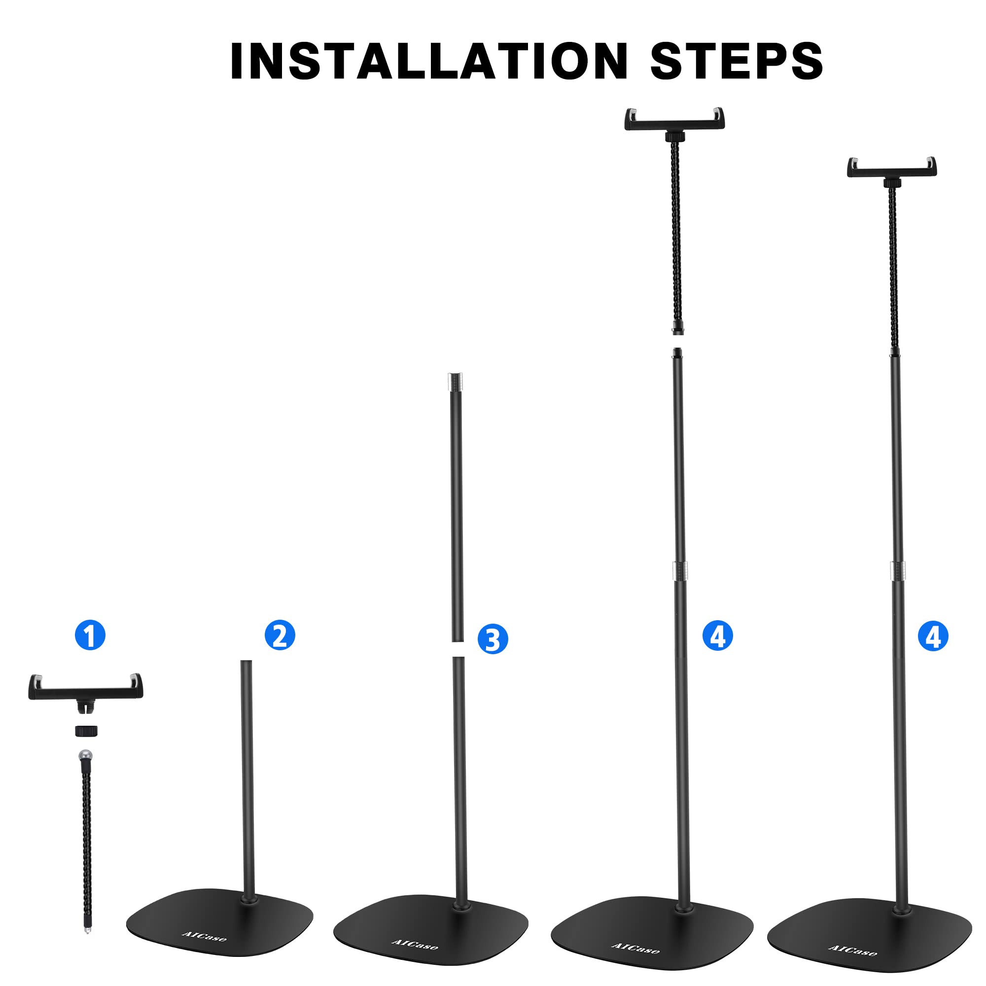 AICase Aluminium Adjustable Height Adjustable (91 cm - 137 cm) & 2.2 kg Stable Base with Gooseneck Compatible with iPad/Tablet from 4.6-13 Inches/Mobile Phone Holder Holder Floor Stand