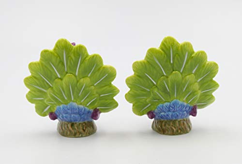 Fine Porcelain Peacock Open Fan Tail Salt & Pepper Shakers Set, 3-1/8" H