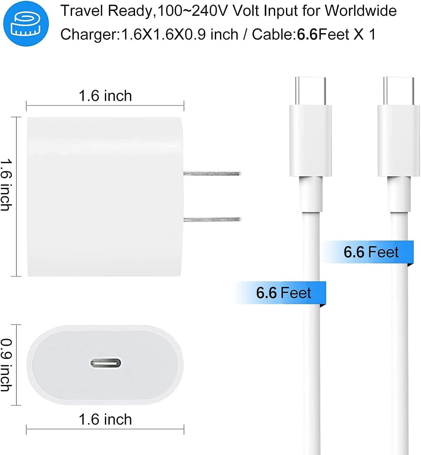 20W USB C Charger for iPad Pro 12.9/11 inch 2022/2021/2020/2018, iPad Air 5th/4th Generation, iPad 10th Generation, iPad Mini, iPhone 15 Pro Max, PD Block with 6.6ft Fast Charging Cable