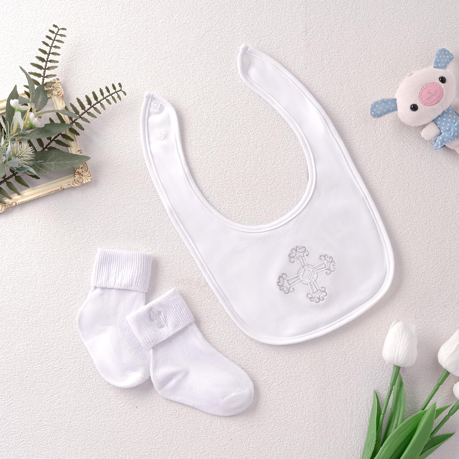Booulfi Baby Boy's Christening Baptism Outfits Embroidered Cross White Bib and Socks Set 2 PCS