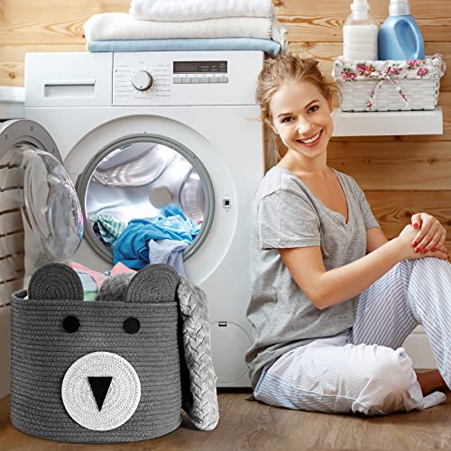 4 Pieces Cotton Rope Bear Animal Basket 2 Sizes Cute Bear Basket with Handles Cotton Rope Storage Basket Foldable Woven Storage Basket Baby Laundry Hamper Nursery Bins for Toys, Blanket, Clothes