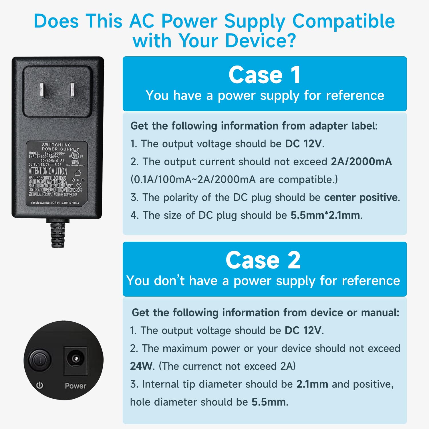 12V 2A AC to DC Regulated Power Supply Adapter, 2000mA 24W AC Adapter for CCTV Security Camera Surveillance System DVR NVR LED Light Strip Router Razor Power Core Roku Media Player and More, UL FCC